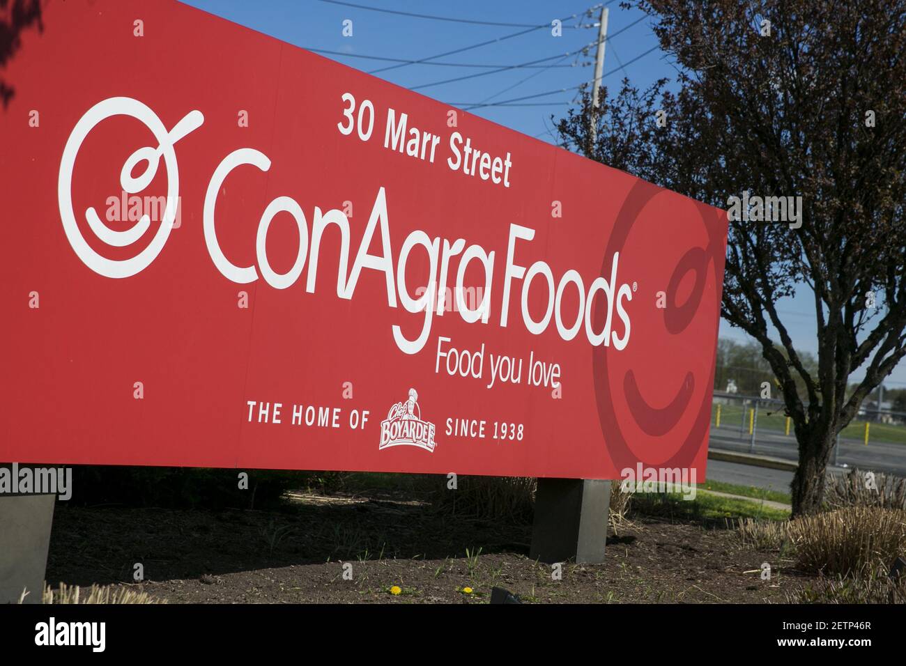A logo sign outside of the Chef Boyardee factory, a subsidiary of ...