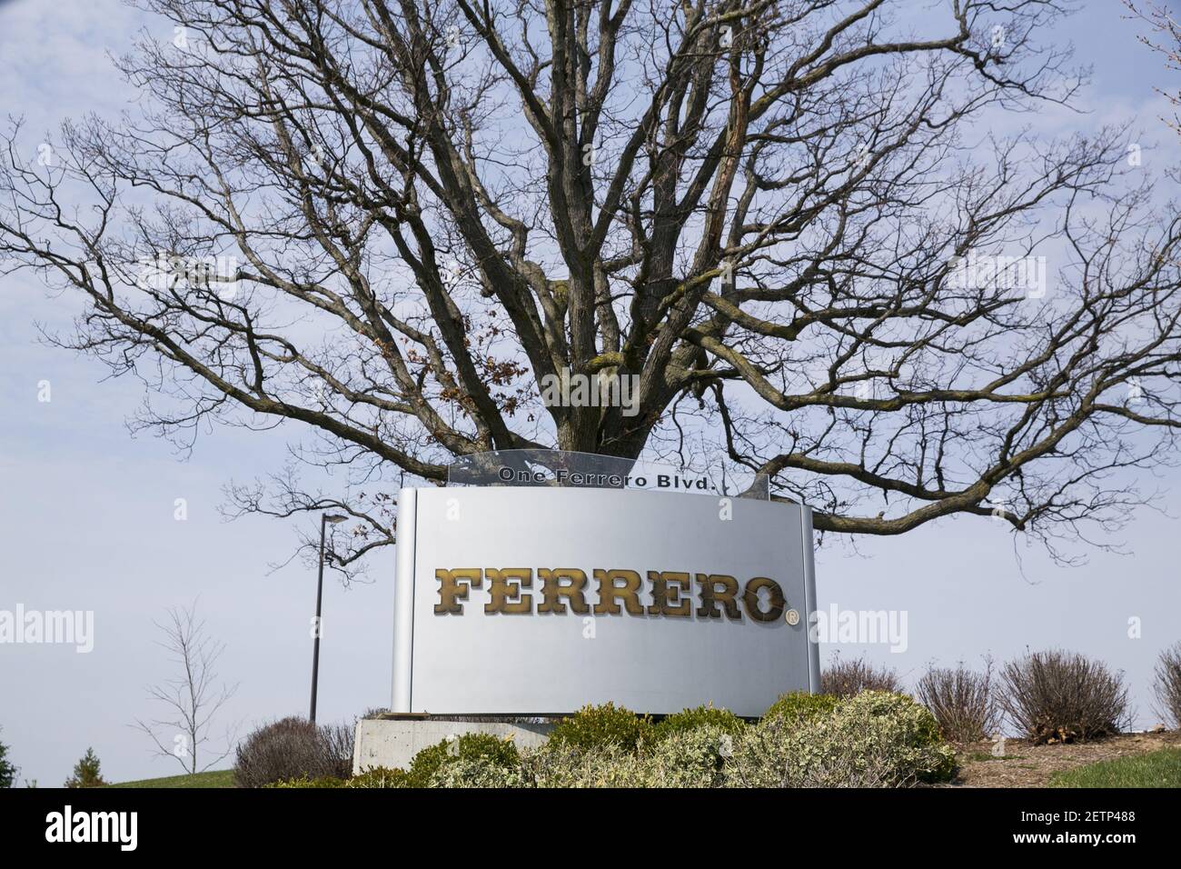A logo sign outside of a facility occupied by Ferrero in Brantford ...