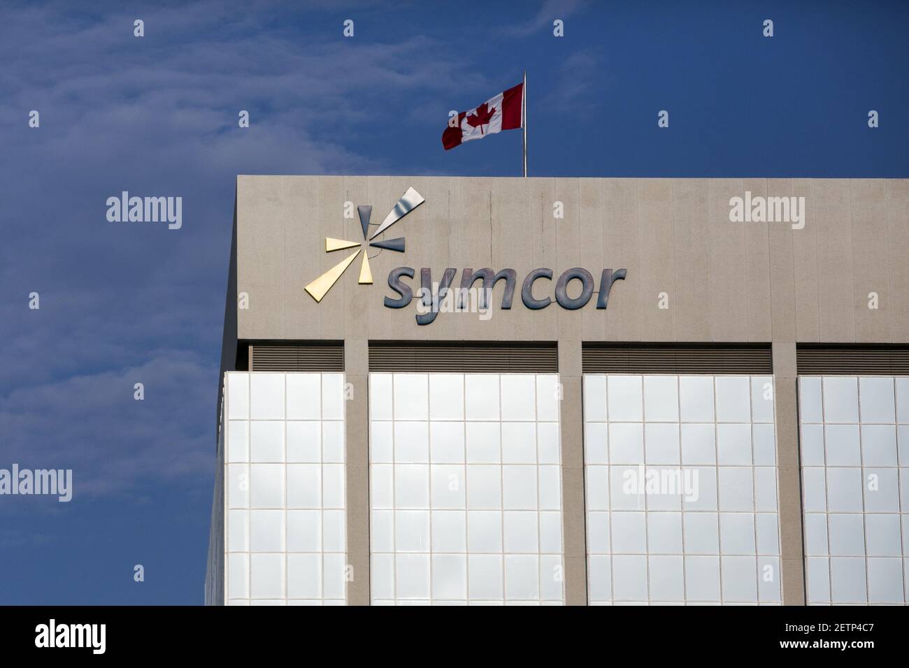 A logo sign outside of the headquarters of Symcor in Mississauga ...
