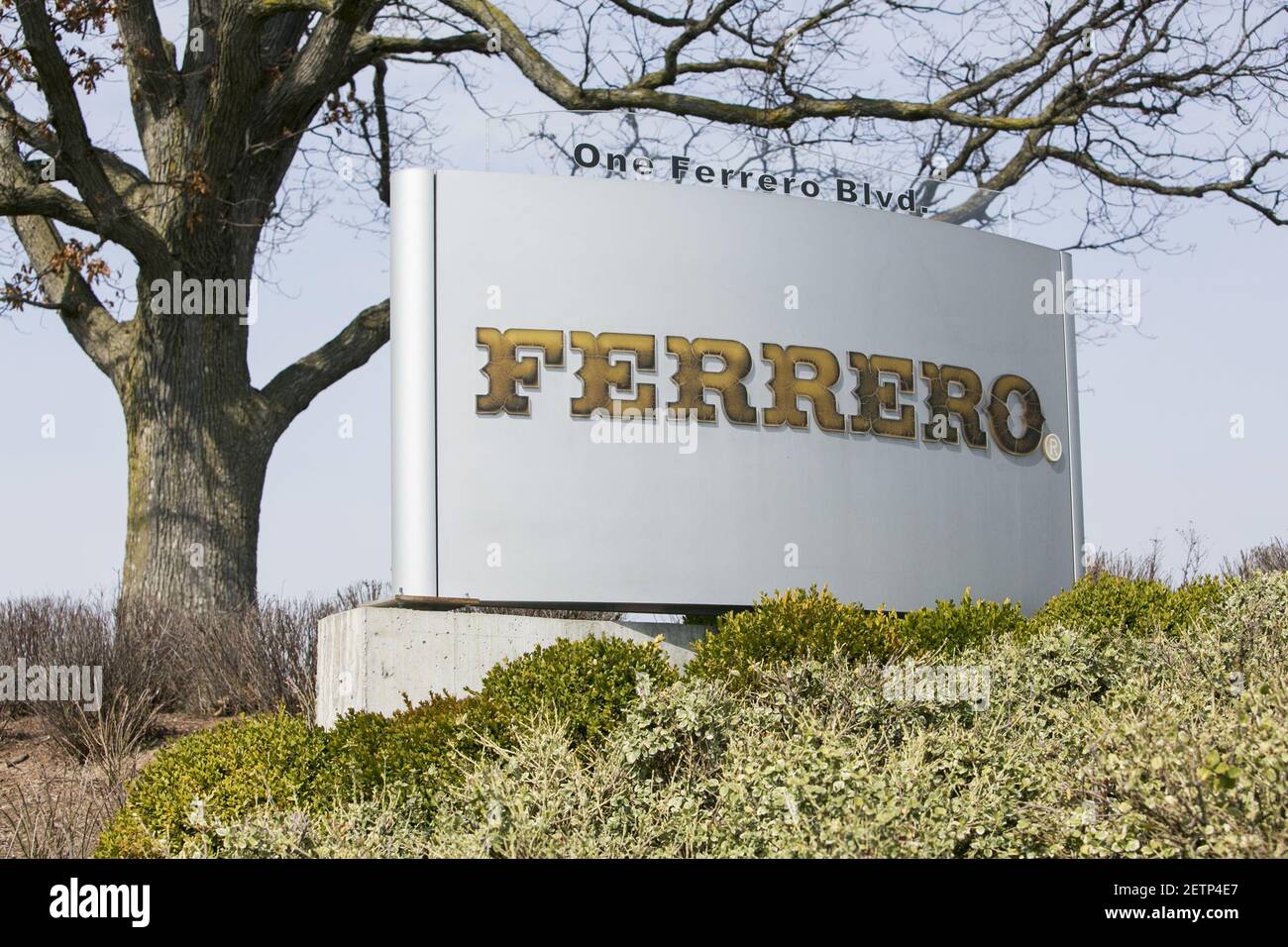A logo sign outside of a facility occupied by Ferrero in Brantford ...
