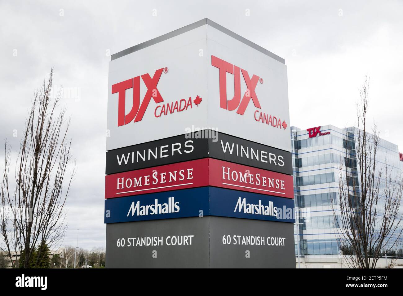 A logo sign outside of the Canadian headquarters of the TJX Companies ...