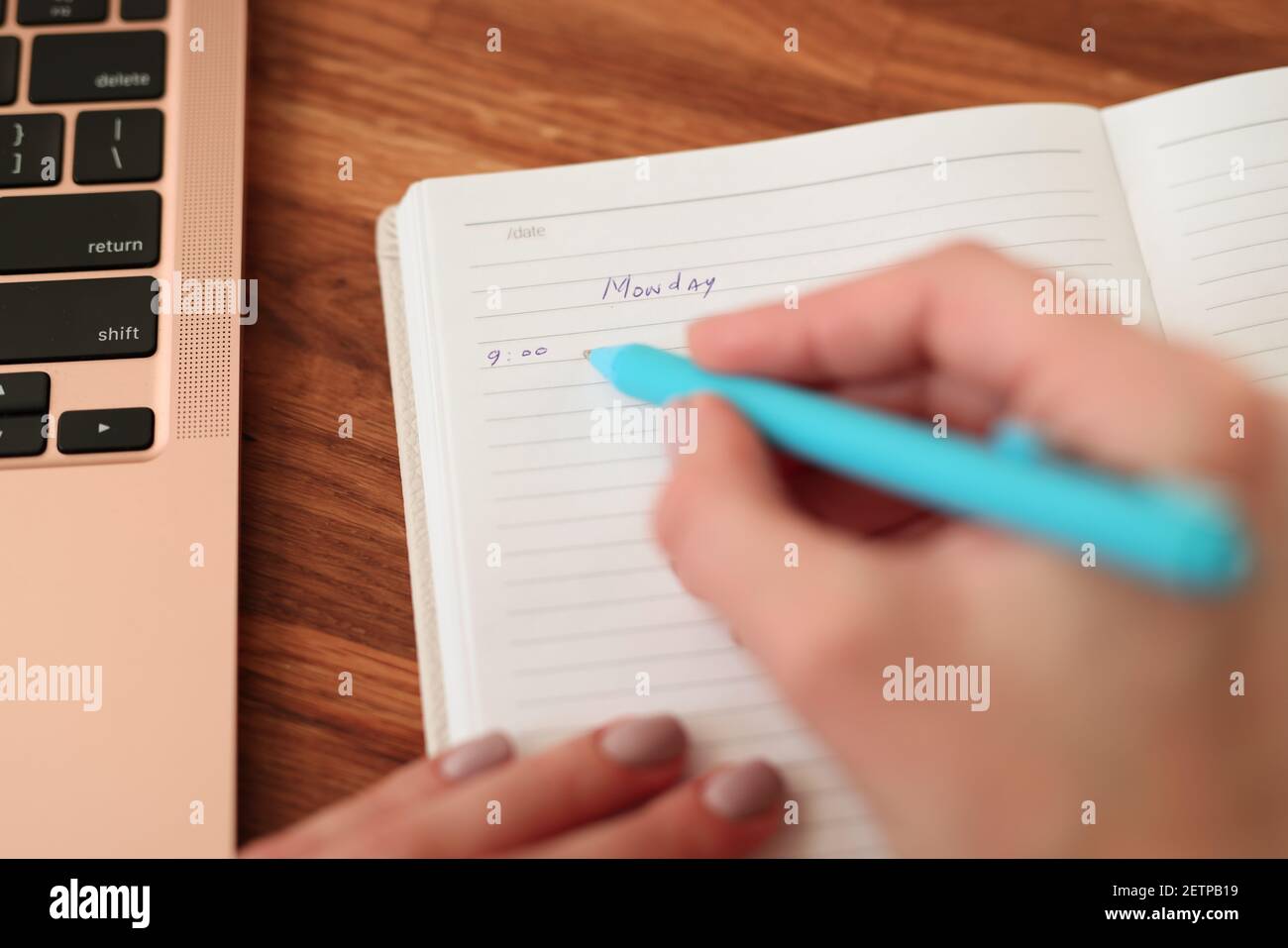 Woman writing plan in diary with pen closeup Stock Photo - Alamy