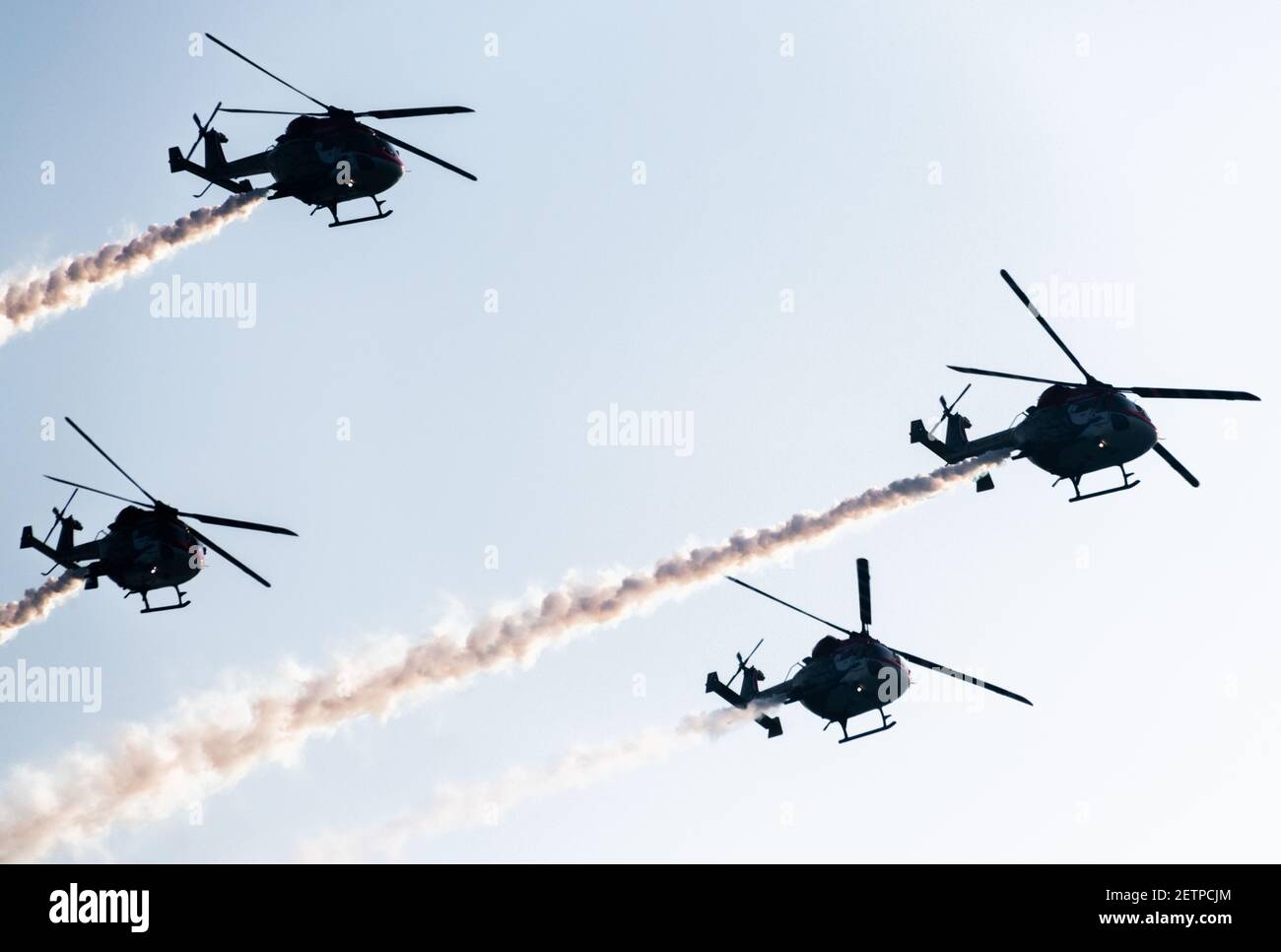 Indian Air Force Sarang helicopter air display team flying HAL Dhruv ...