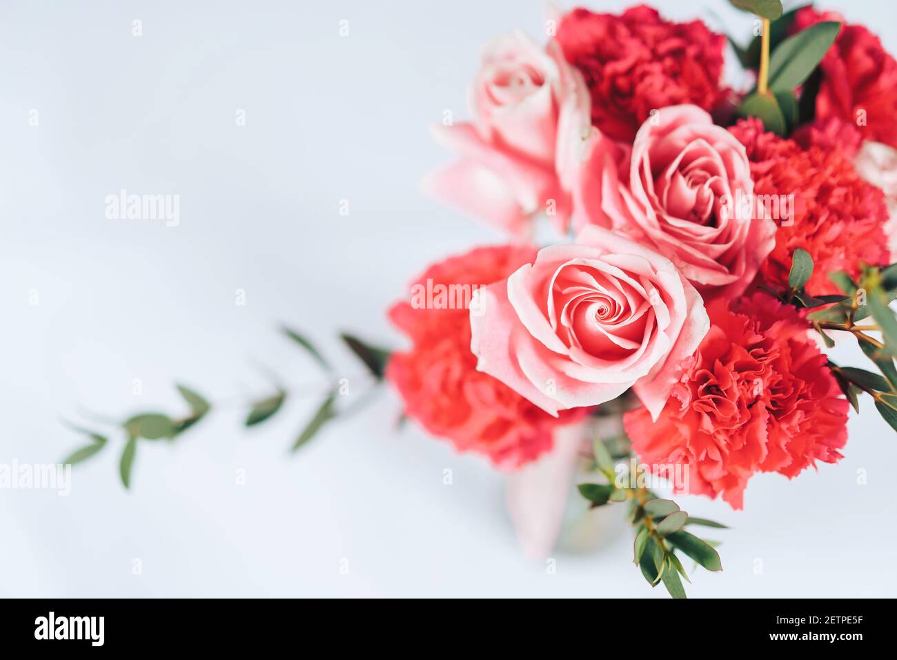 A beautiful bouquet of red and pink roses against a blue background ...