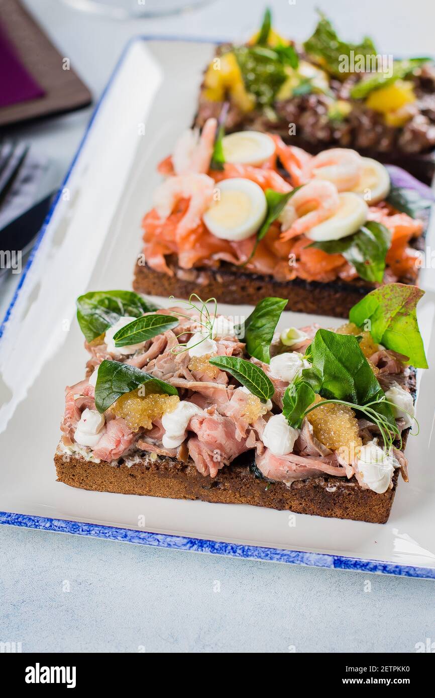 Set of scandinavian snack. Smorrebrod. Traditional Danish open ...