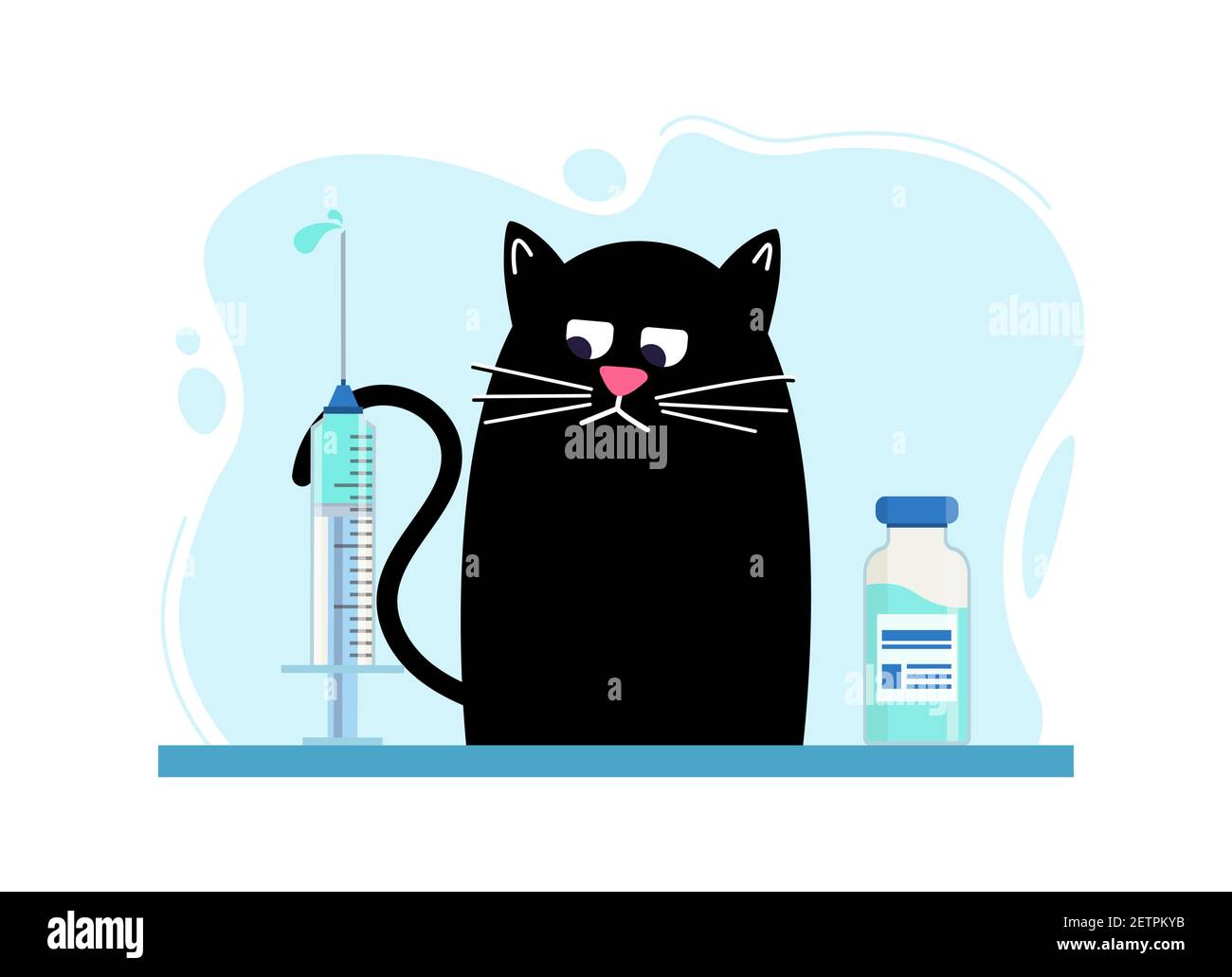 Sad cat looks at syringe with an injection. Concept of vaccination of ...