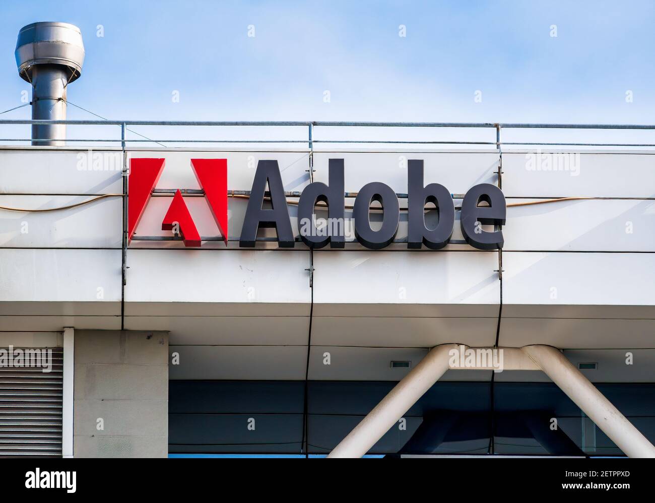 Bucharest, Romania - 02.13.2021: Adobe Inc offices in Romania. Logo of the American ...