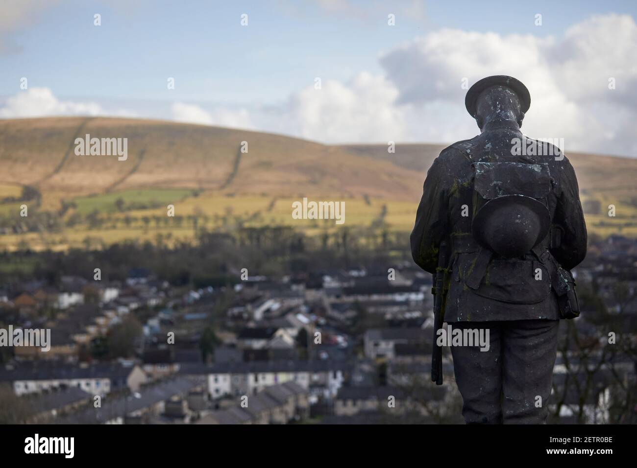 War memorial at Clitheroe Castle with Pendle Hill in the town Ribble ...