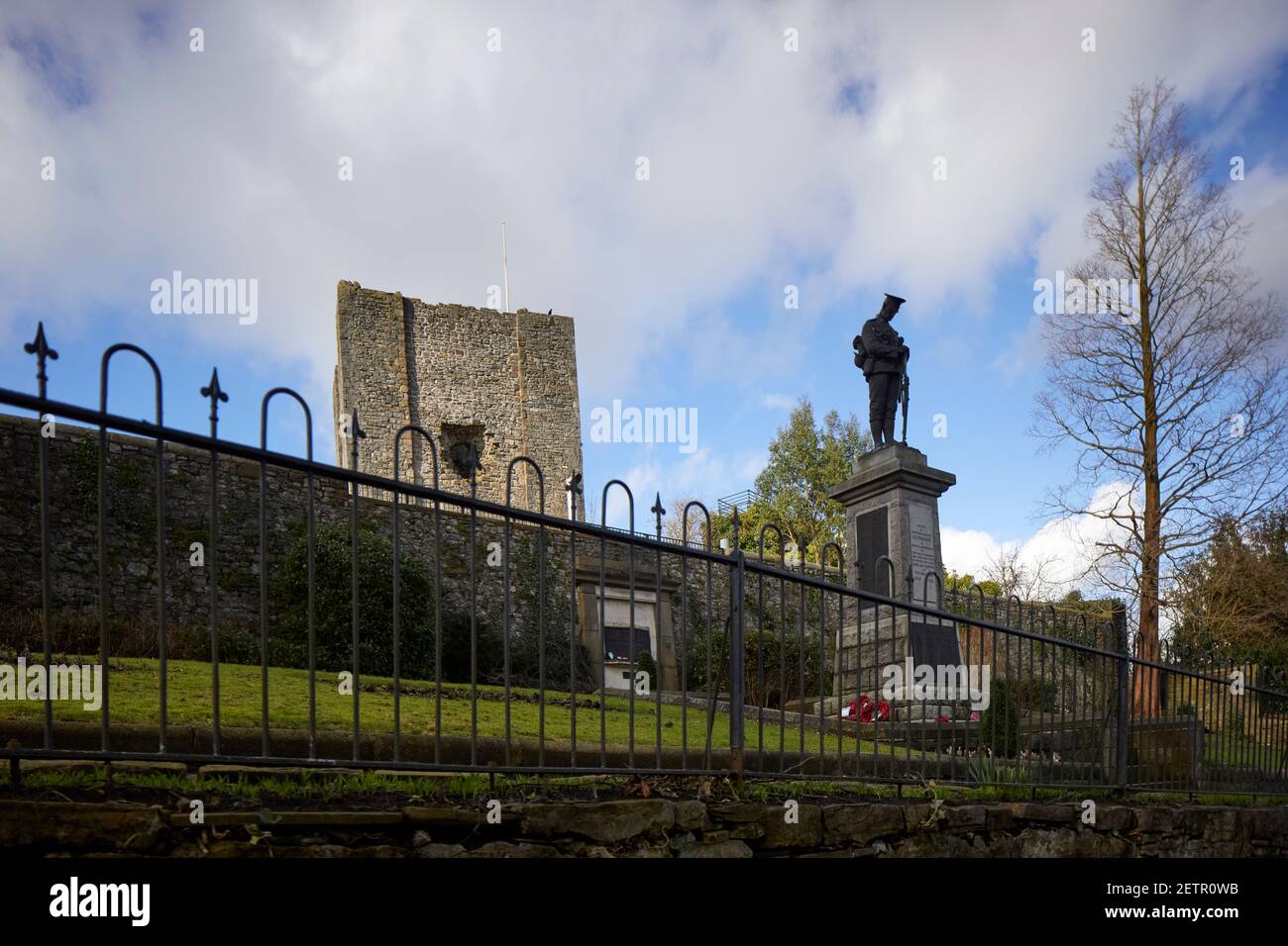 War memorial at Clitheroe Castle with Pendle Hill in the town Ribble ...