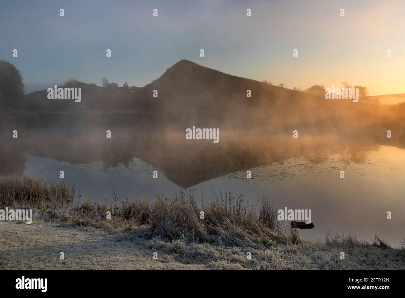 Cawfield Quarry pool at dawn, Hadrian's Wall, Northumberland, UK Stock ...