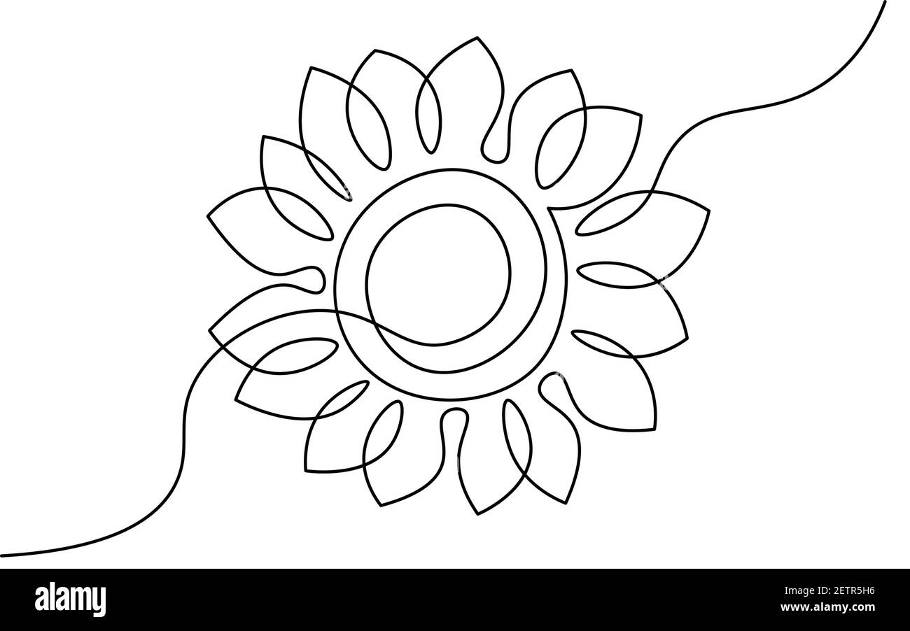 One line sunflower element. Black and white monochrome continuous ...