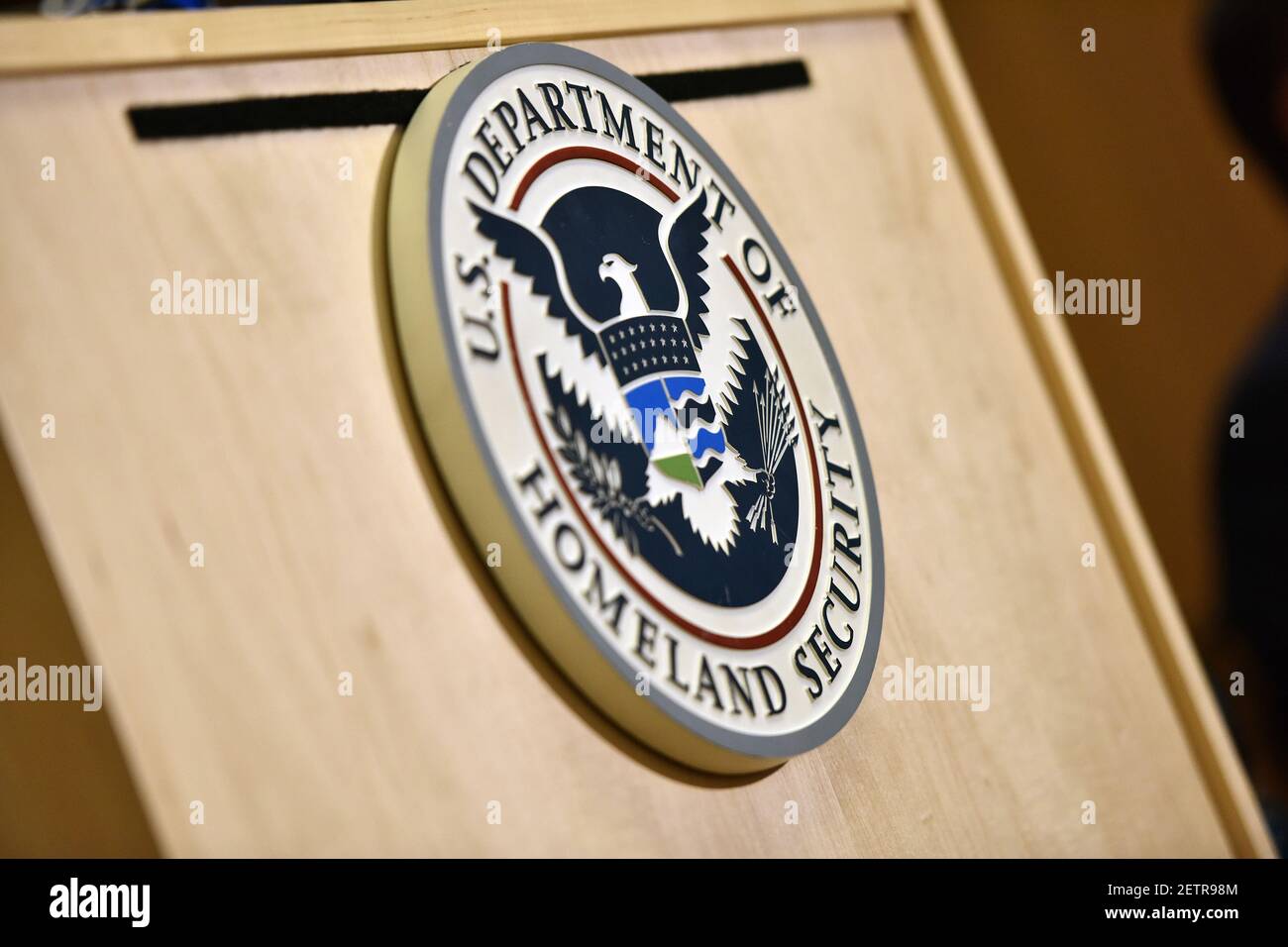 Homeland Security emblem on a podium at citizenship ceremony at The ...