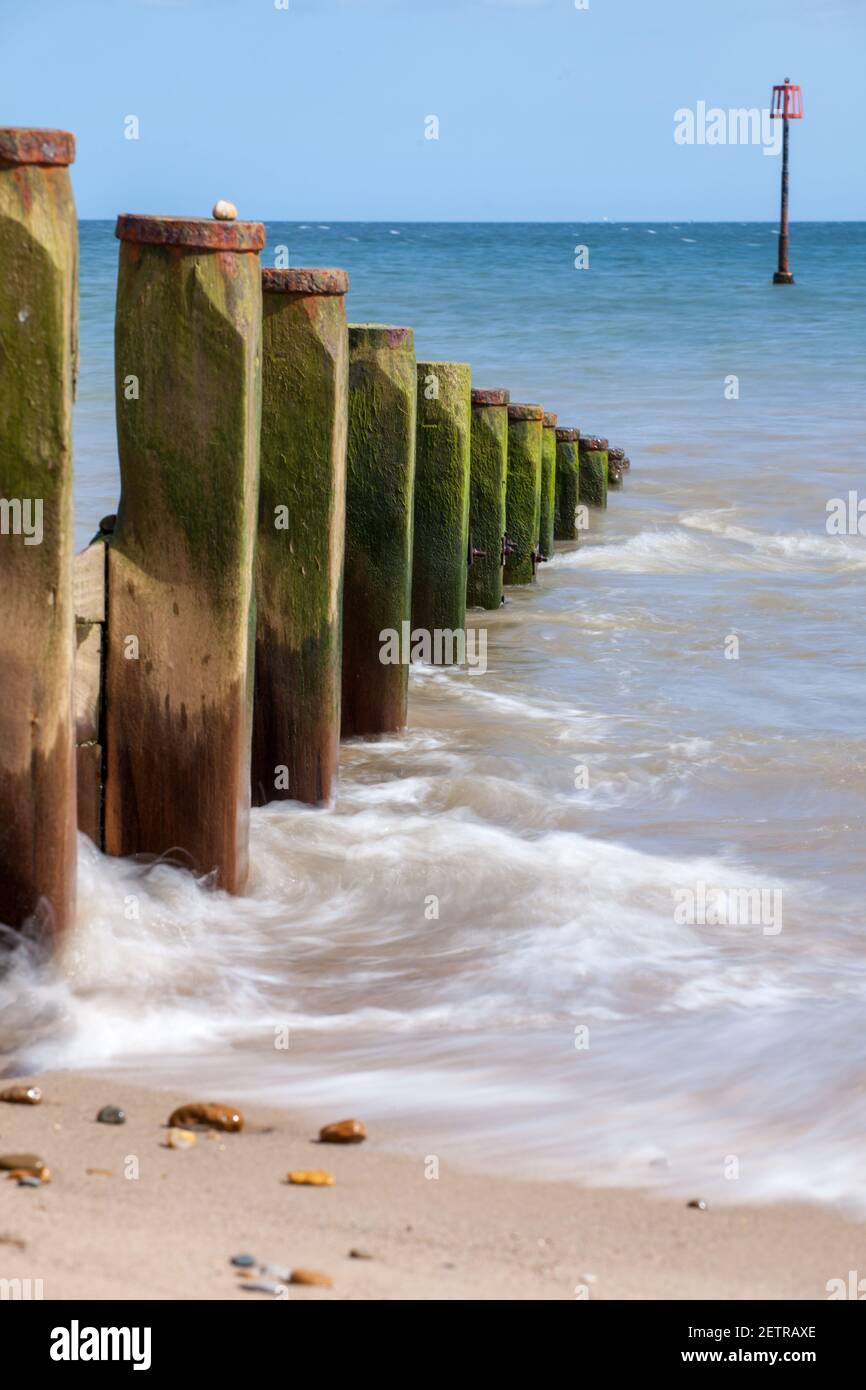 A wooden groyne on Hornsea beach on the East Yorkshire coast Stock ...