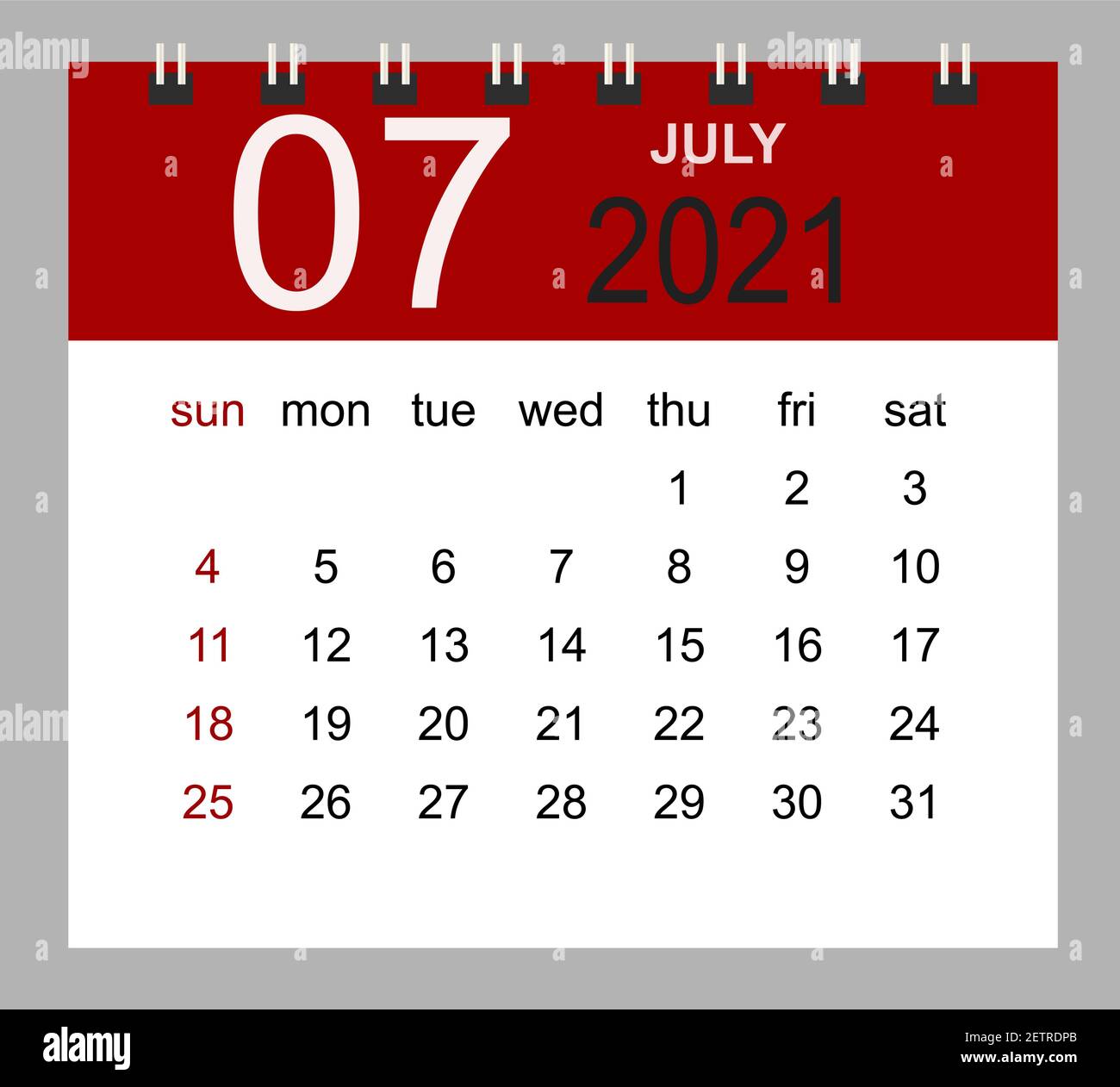 Template of calendar for July 2021. Week starts Sunday. Isolated vector ...