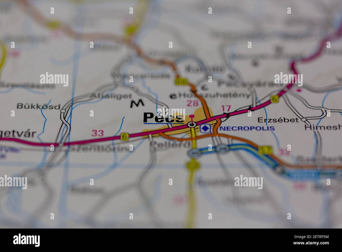 Pecs Shown on a road map or Geography map and atlas Stock Photo - Alamy