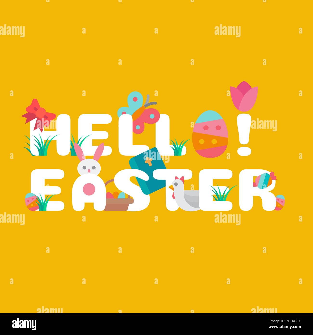 Easter typography design concept decorated with icon and elements. Flat ...