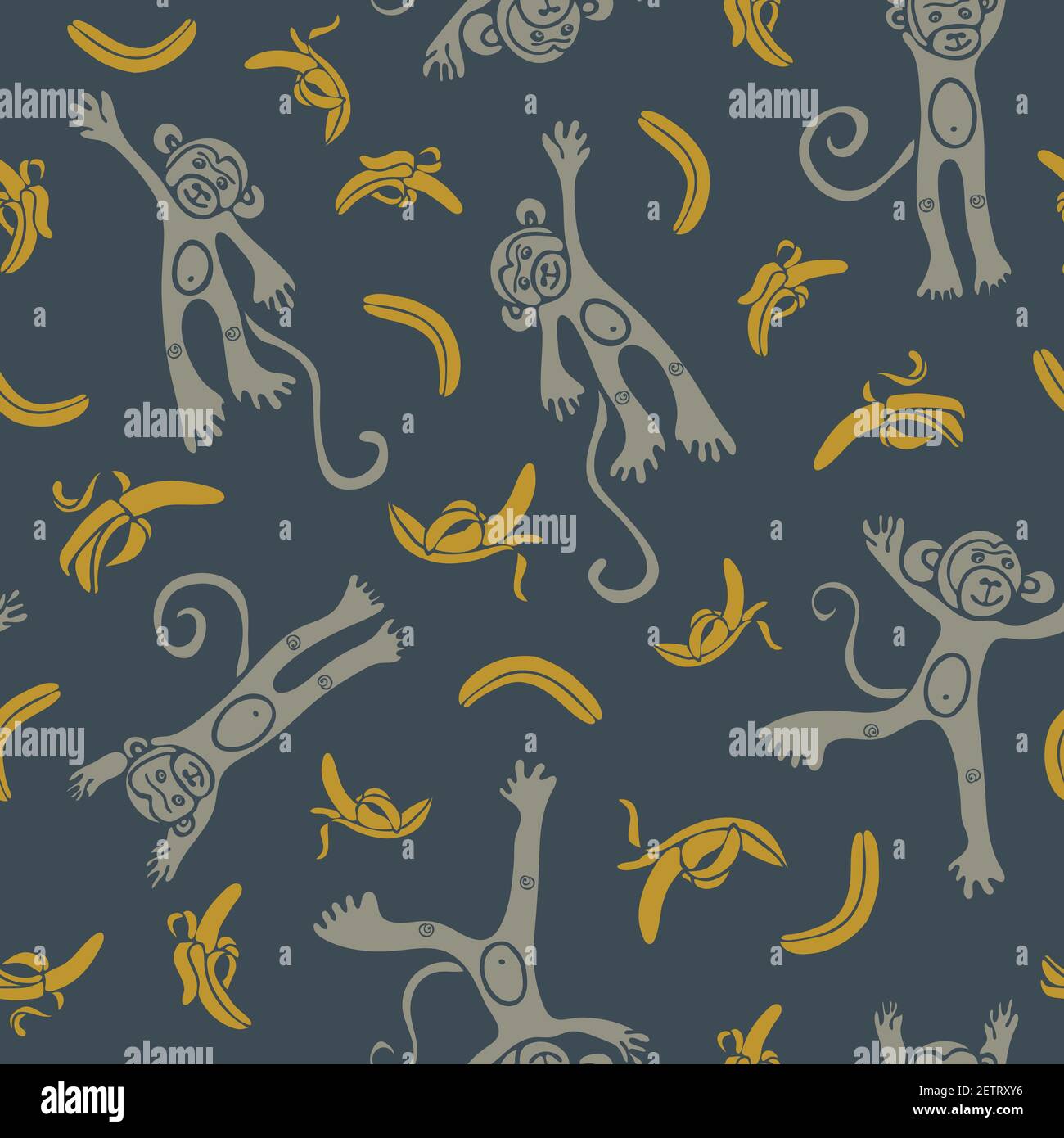 Seamless vector pattern with monkeys and bananas on blue background ...
