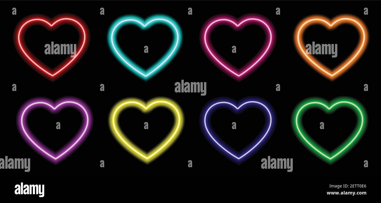 Colorful neon heart set vector illustration. Neon light heart sign ...