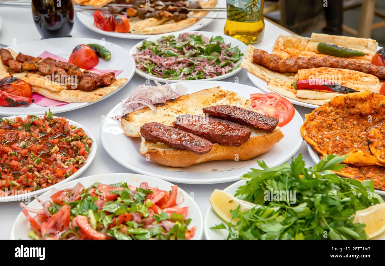 Collage or Set of Turkish food in Turkish restaurant at dinner table ...