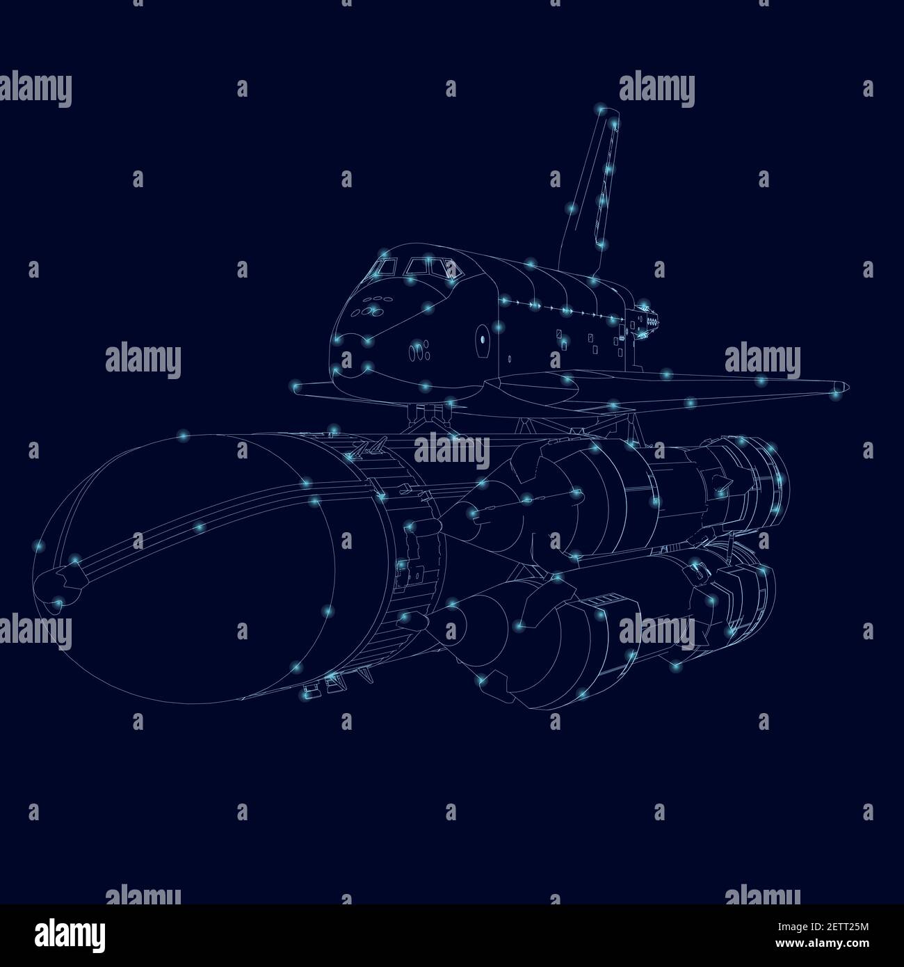 Space shuttle wireframe made of blue lines with glowing lights on a ...