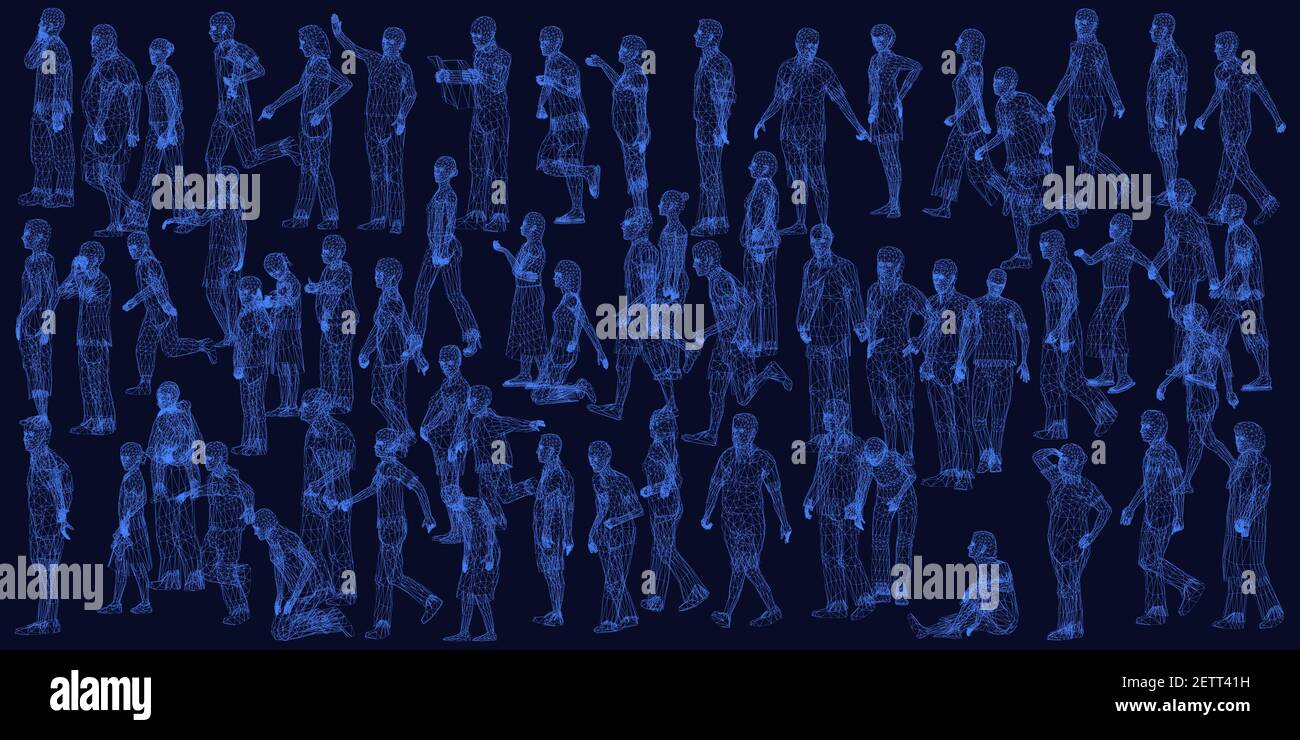 Wireframe of many people in different poses from blue lines on a dark ...