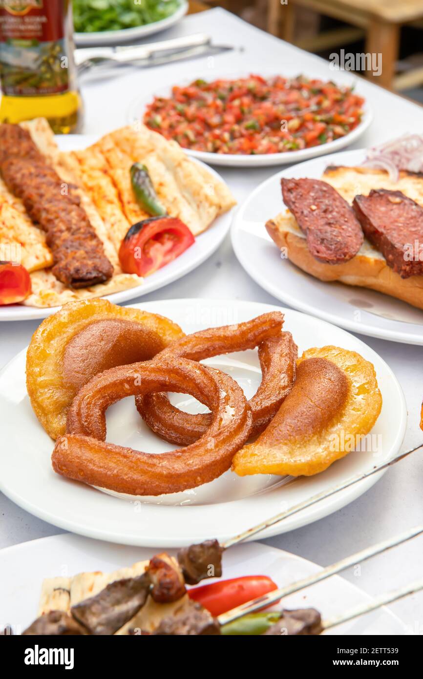 Collage or Set of Turkish food in Turkish restaurant at dinner table ...
