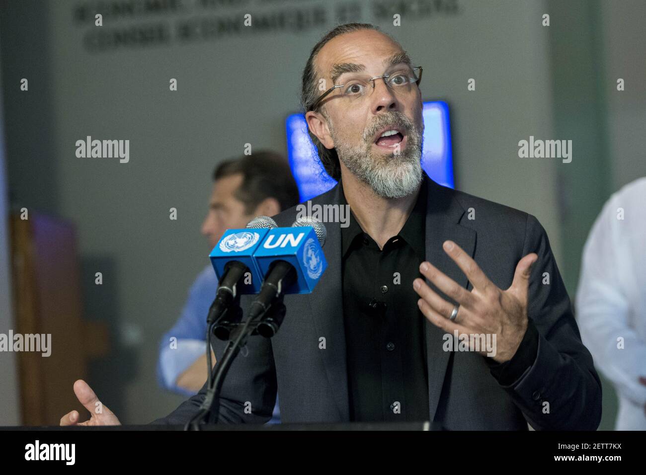 Dr. Astro Teller, CEO of Google X, is seen at a press conference ...