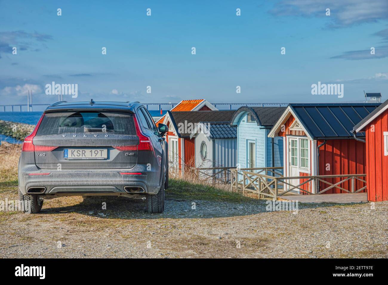 Volvo V60 or V 60 D4 car parked outside in a harbour, beside typical ...
