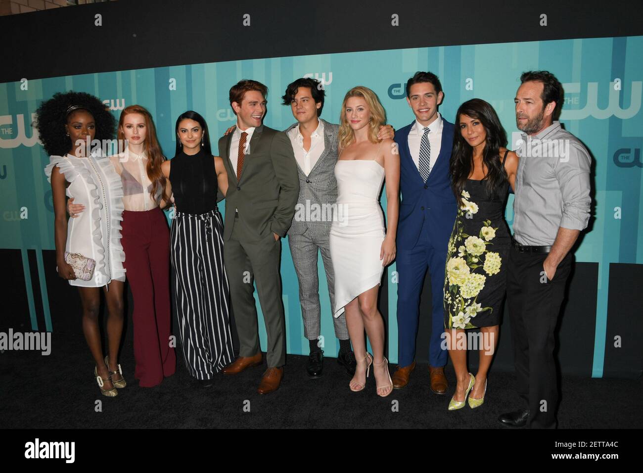 Cast of Riverdale L-R: Ashleigh Murray, Madelaine Petsch, Camila Mendes, KJ Apa, Cole Sprouse ...