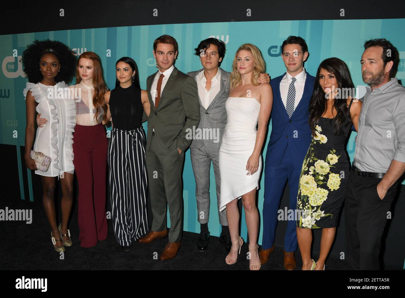 Cast of Riverdale L-R: Ashleigh Murray, Madelaine Petsch, Camila Mendes, KJ Apa, Cole Sprouse ...