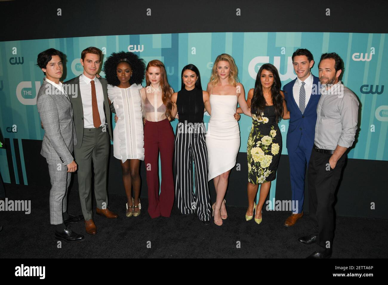Cast of Riverdale L-R: Cole Sprouse, KJ Apa, Ashleigh Murray, Madelaine Petsch, Camila Mendes ...