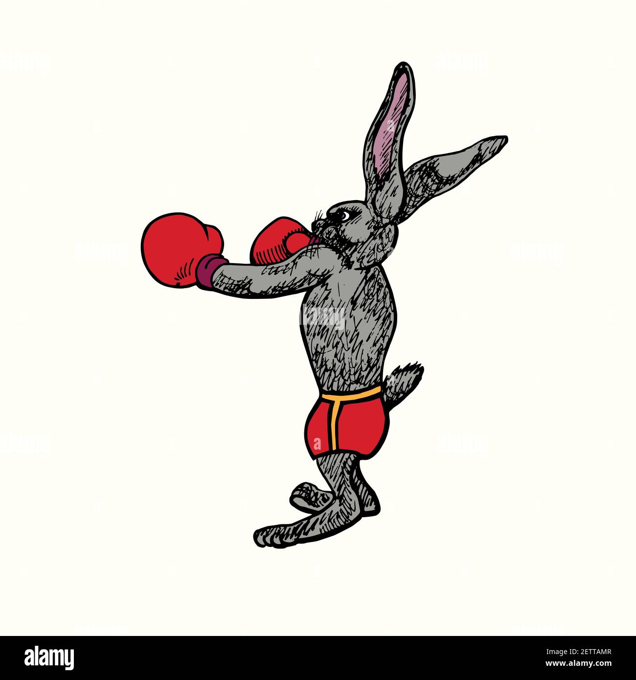Rabbit (hare) in red boxing gloves standing ready to hit, hand drawn ...