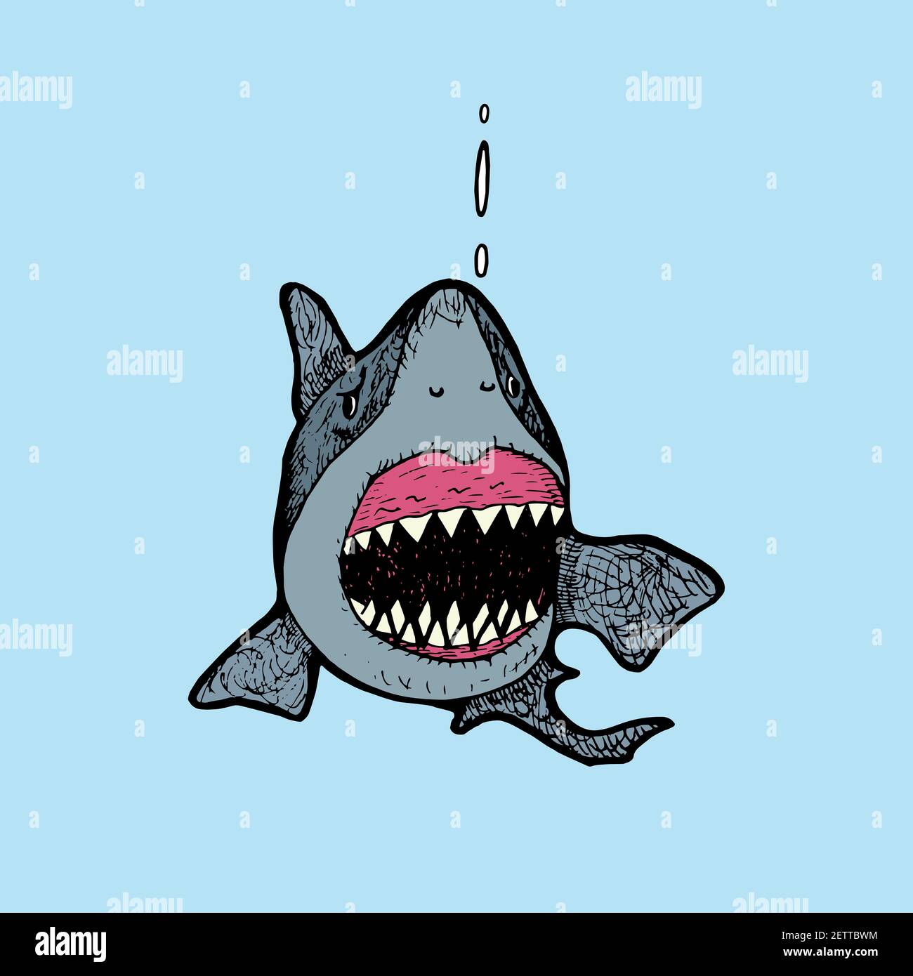White shark front view with open mouth, sharp jaws, hand drawn doodle ...