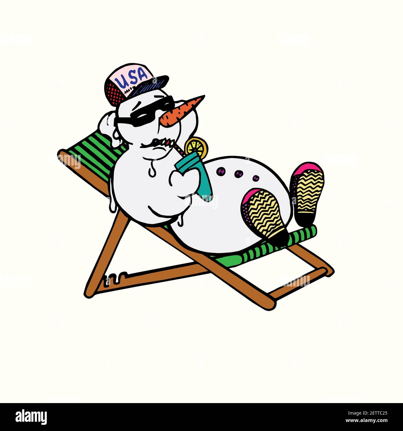 Snowman in cap and sunglasses sunbathing with cool cocktail, colorful ...