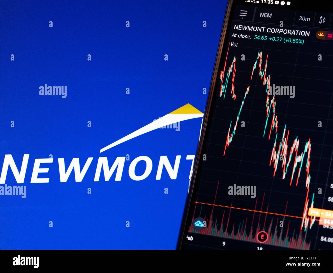 In this photo illustration the stock market information of Newmont ...