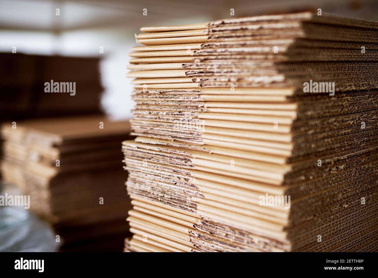 Close up view of many aligned brown cardboard stacks in the storage ...