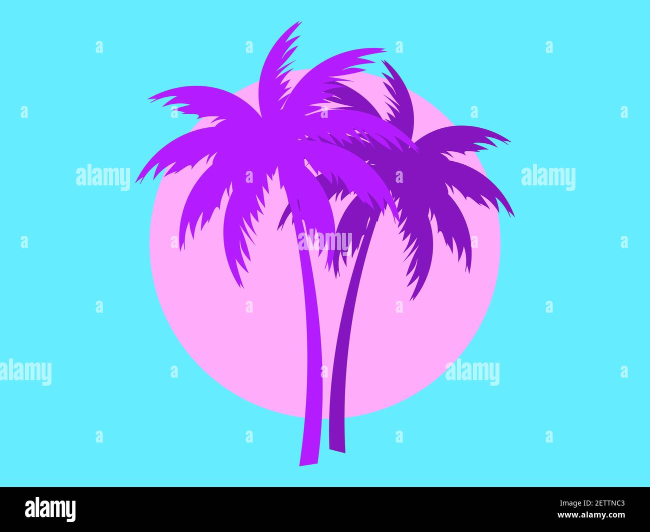 Two palm trees against a pink sun in the style of the 80s. Synthwave ...