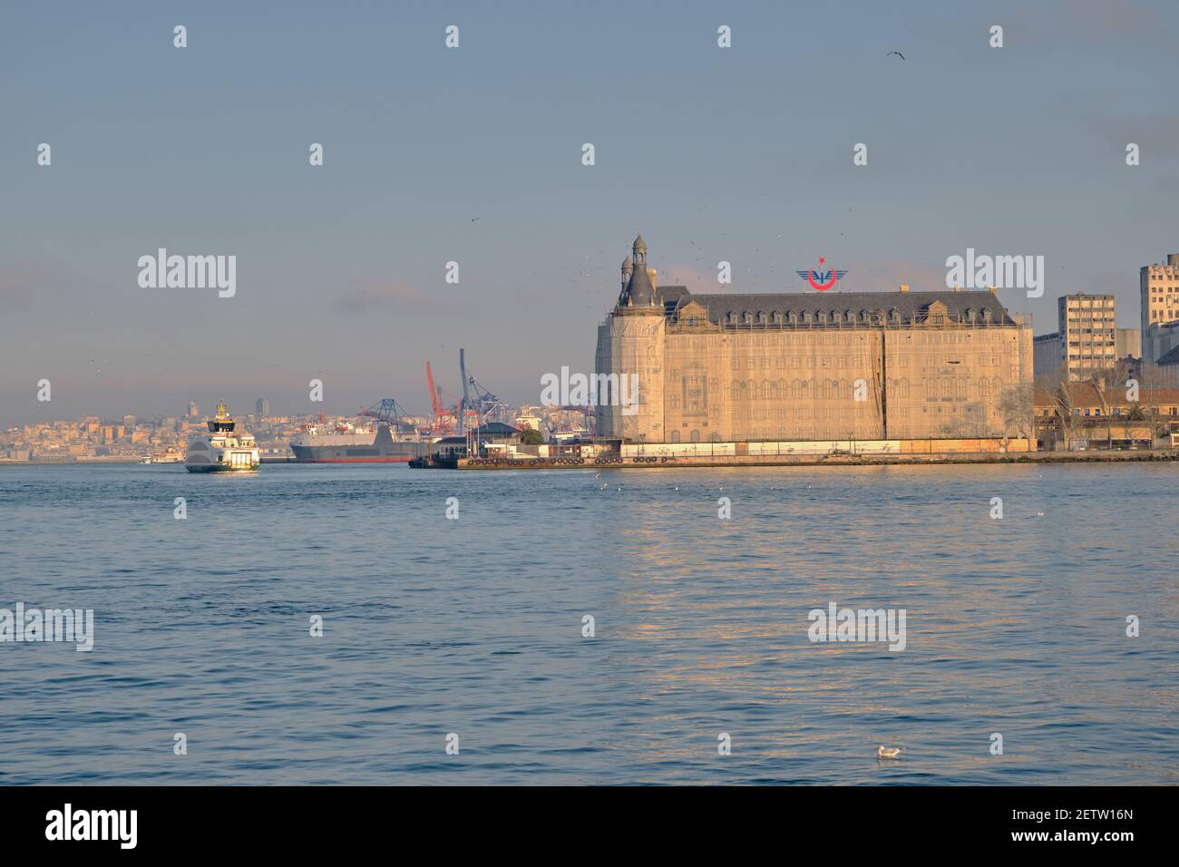 Many birds and seagulls in bosporus with old and ancient train station ...