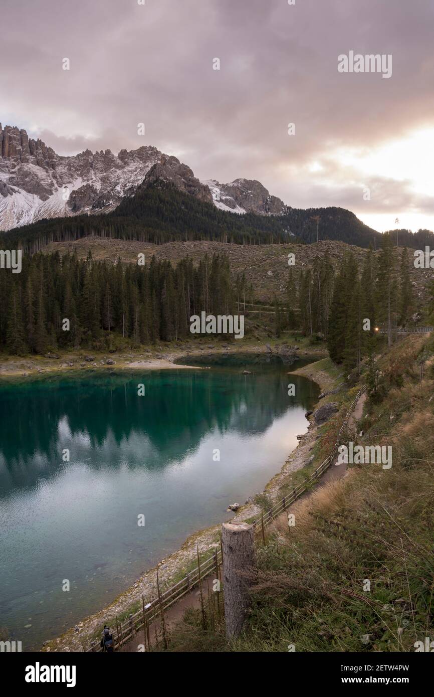 sunset on Carezza Lake in Trentino Alto Adige in Italy Stock Photo - Alamy