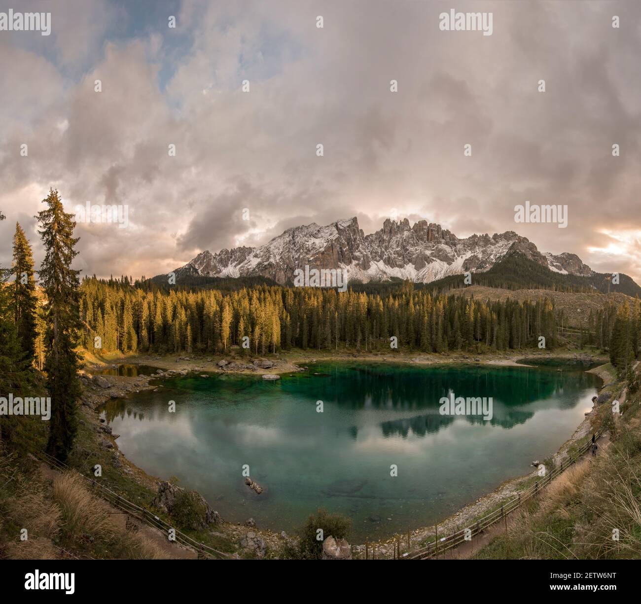 sunset on Carezza Lake in Trentino Alto Adige in Italy Stock Photo - Alamy