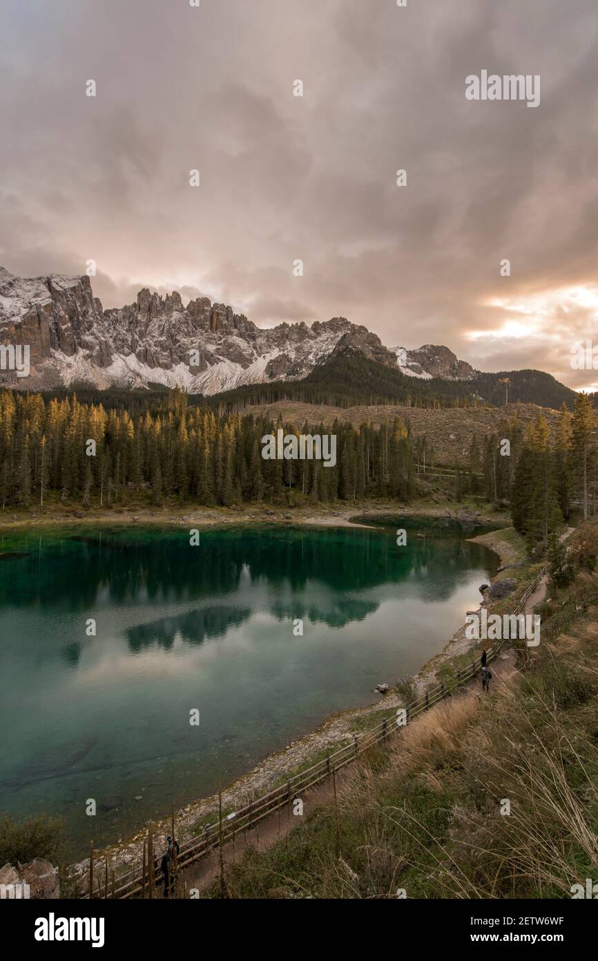 sunset on Carezza Lake in Trentino Alto Adige in Italy Stock Photo - Alamy