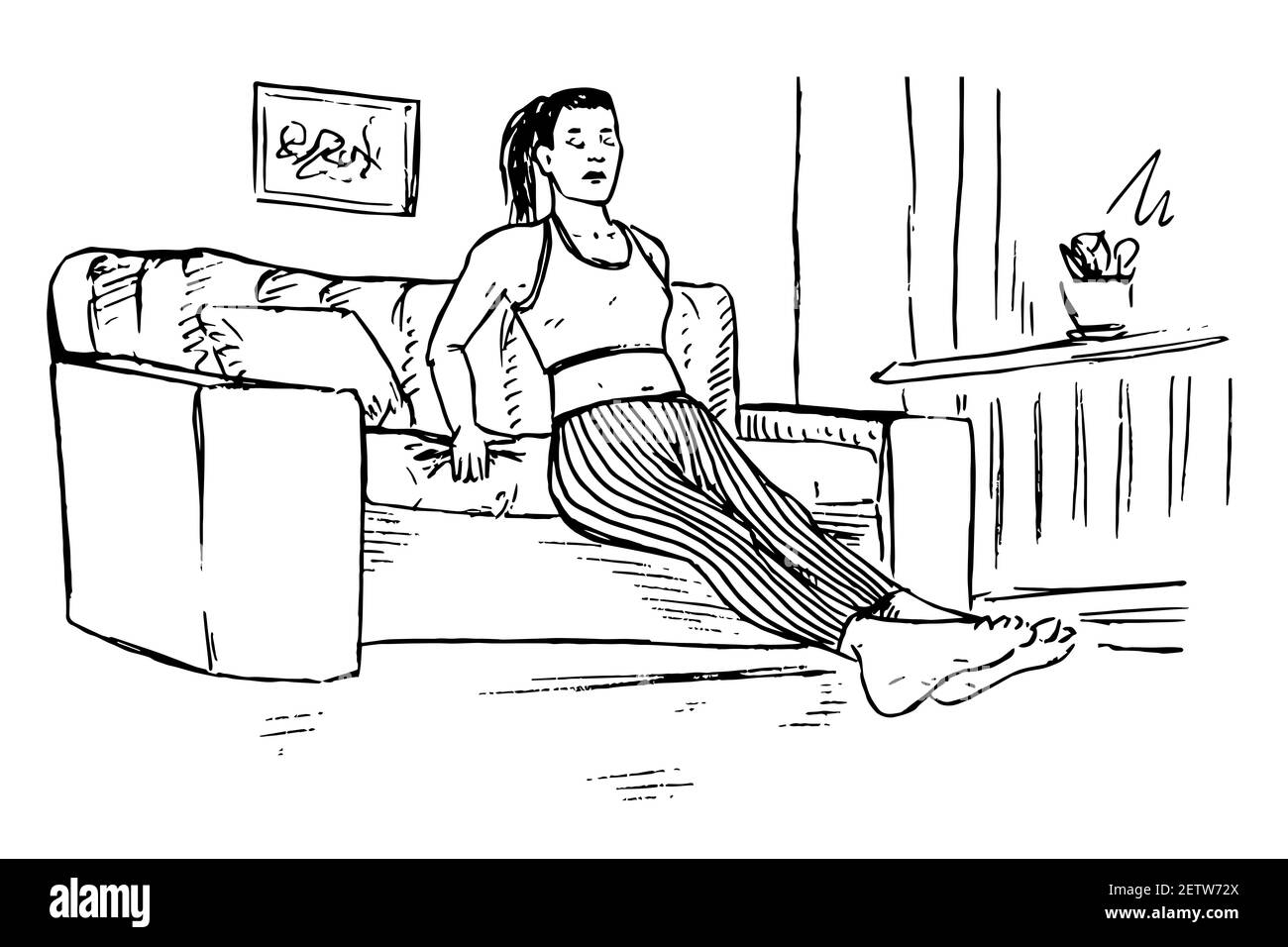 Girl doing back push-up workout on couch, workout at home, interior ...