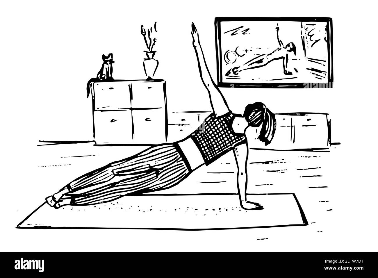 Girl standing in side plank on floor, workout at home with tv fitness ...