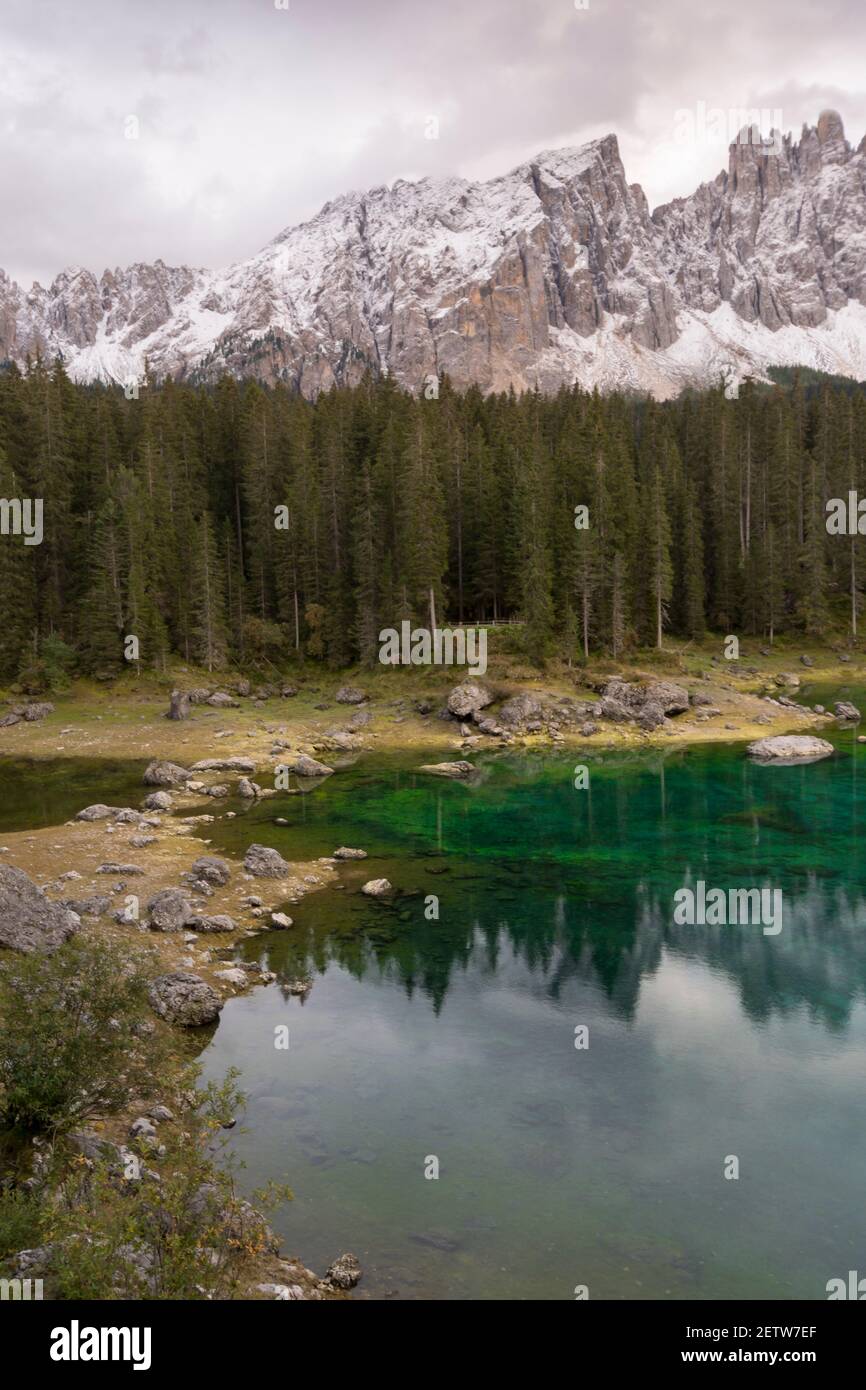sunset on Carezza Lake in Trentino Alto Adige in Italy Stock Photo - Alamy