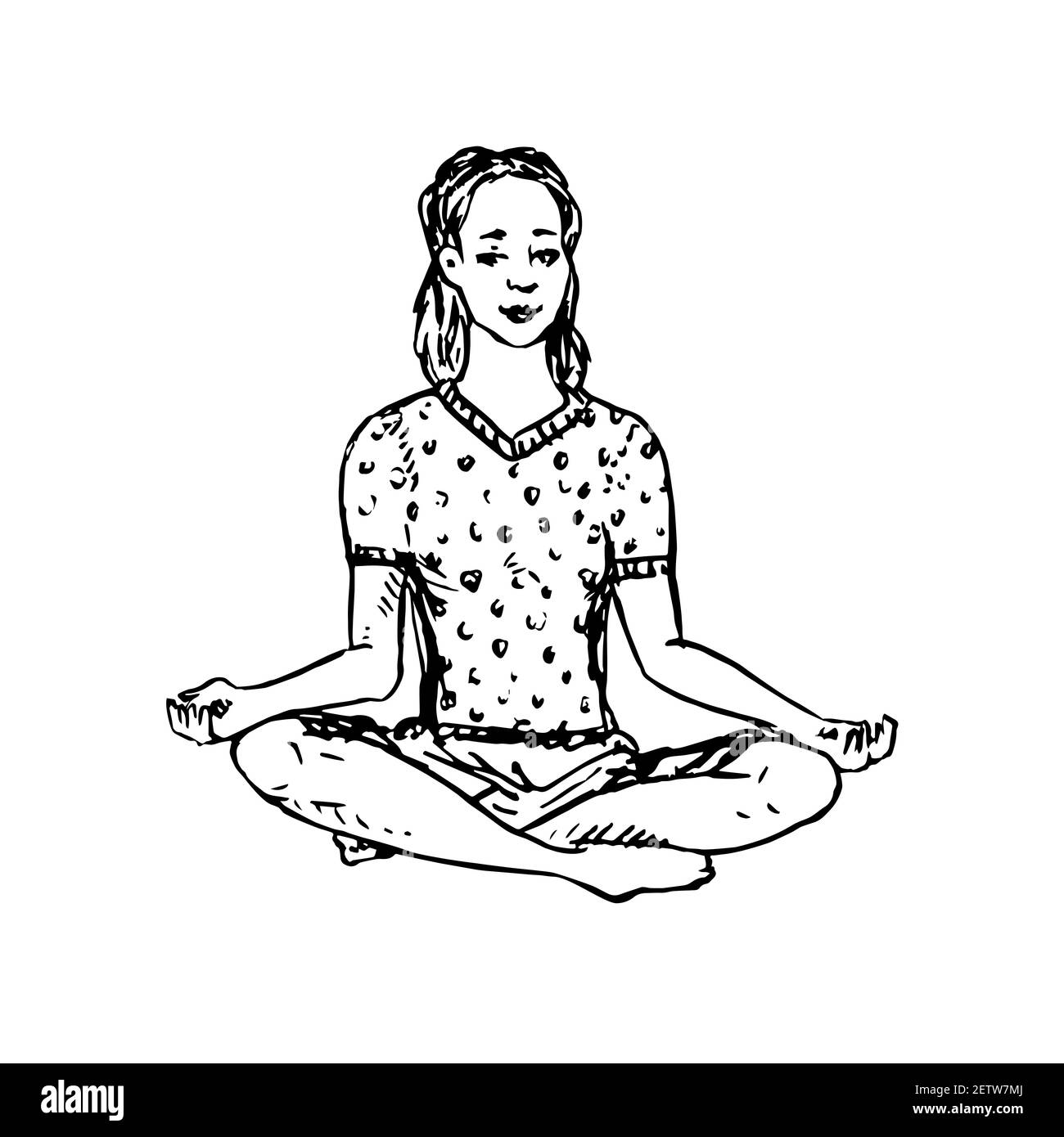 Girl meditating, hand drawn doodle, drawing in gravure style, sketch ...