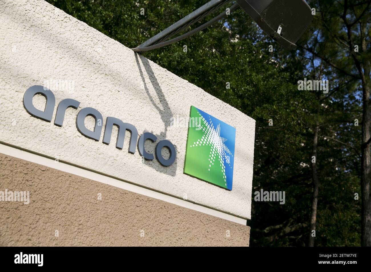 A logo sign outside of a facility occupied by Saudi Aramco in Houston ...