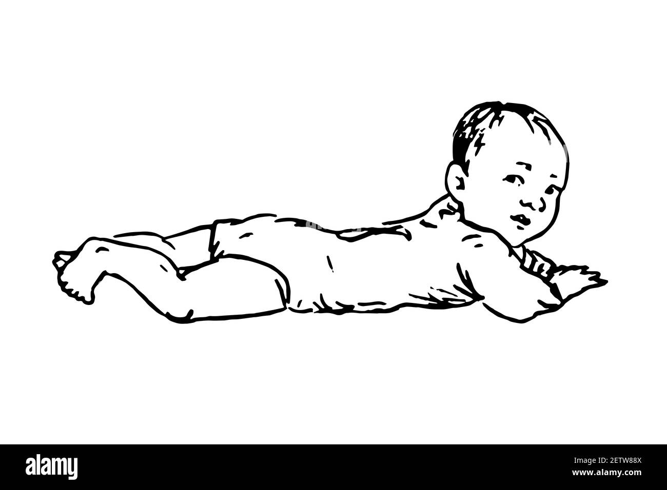 Baby laying on tummy, hand drawn doodle, drawing in gravure style ...