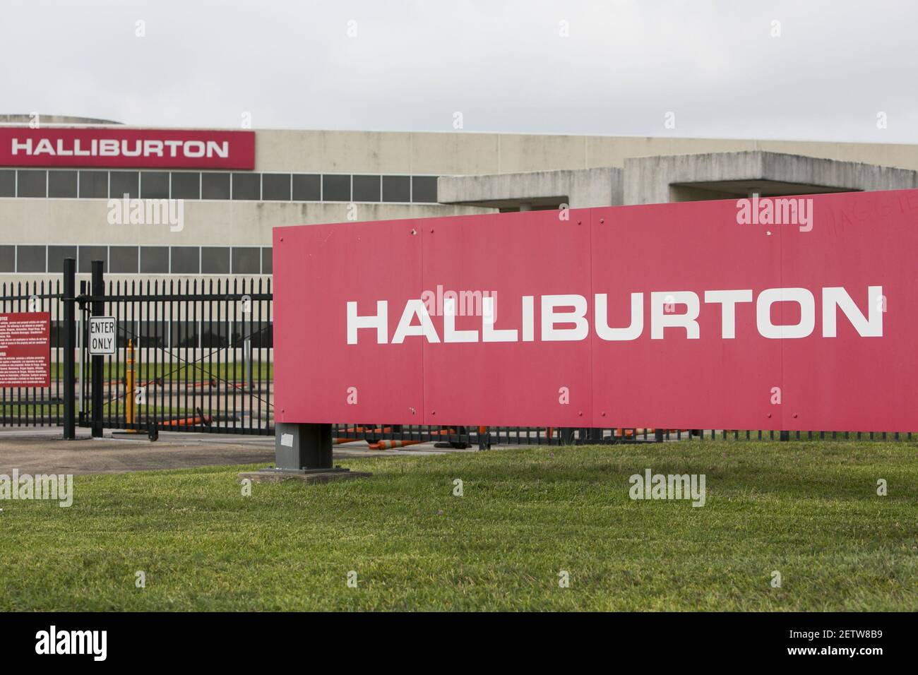 A logo sign outside of a facility occupied by The Halliburton Company ...