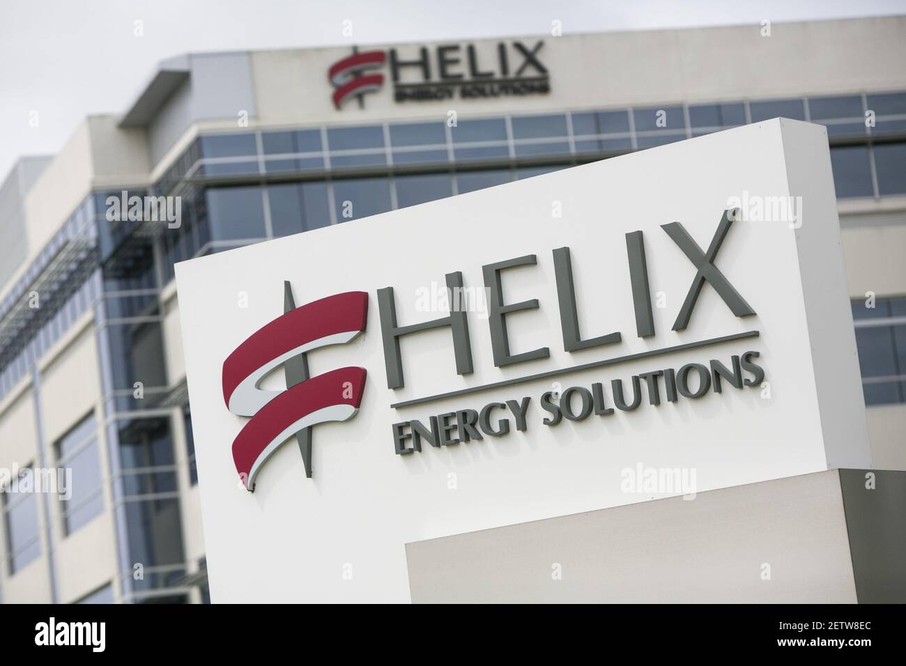 A logo sign outside of the headquarters of Helix Energy Solutions Inc ...
