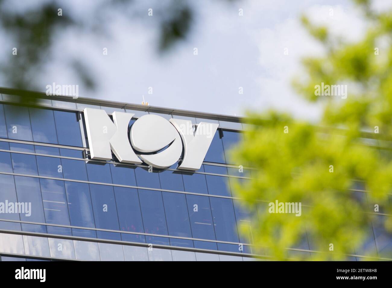 A logo sign outside of a the headquarters of National Oilwell Varco in ...